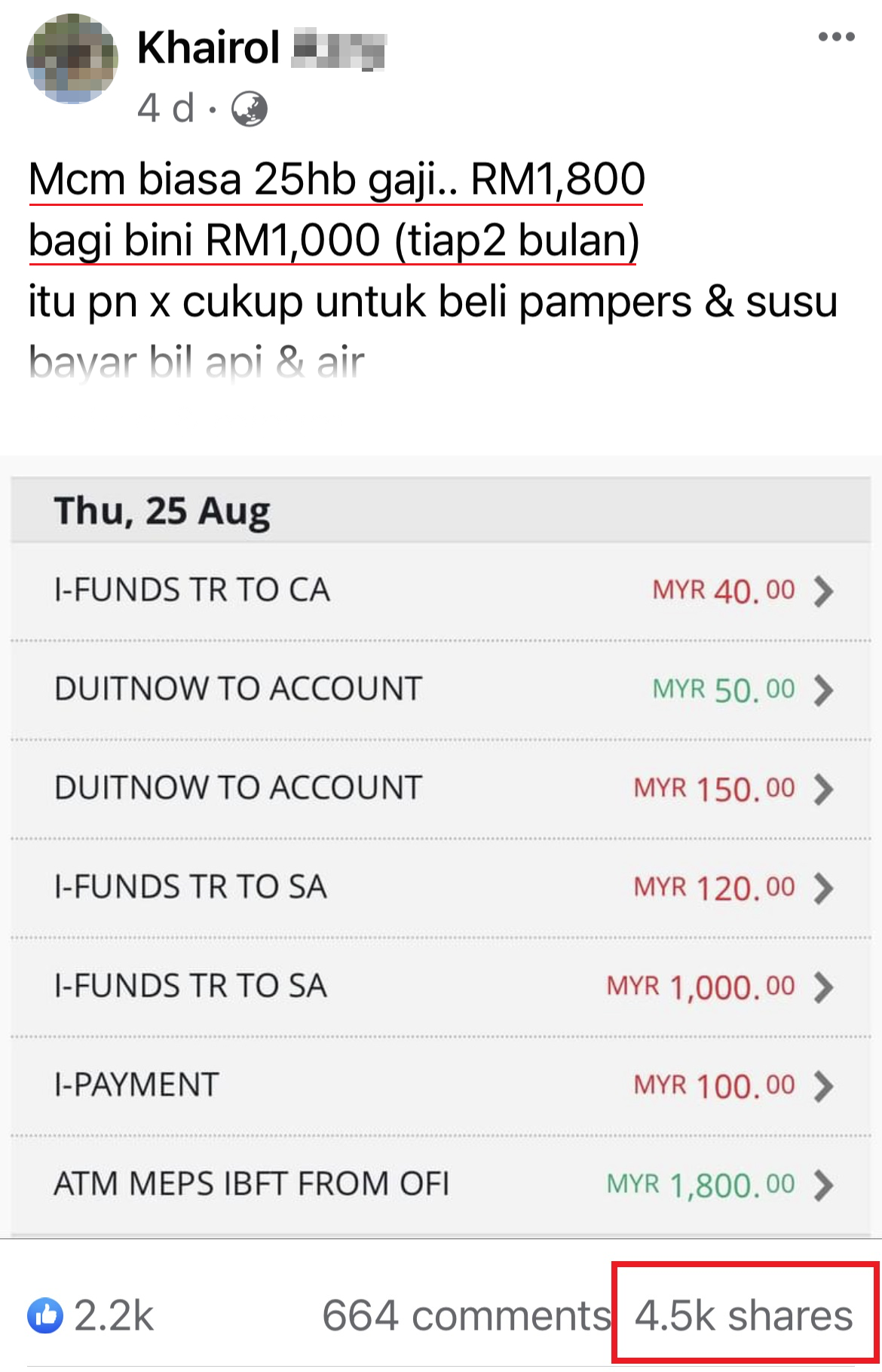 不到RM2k养一家四口！领薪水RM1,800「隔天剩RM479」！网友：我月薪RM3k零用钱少过RM400！ – RedChili21